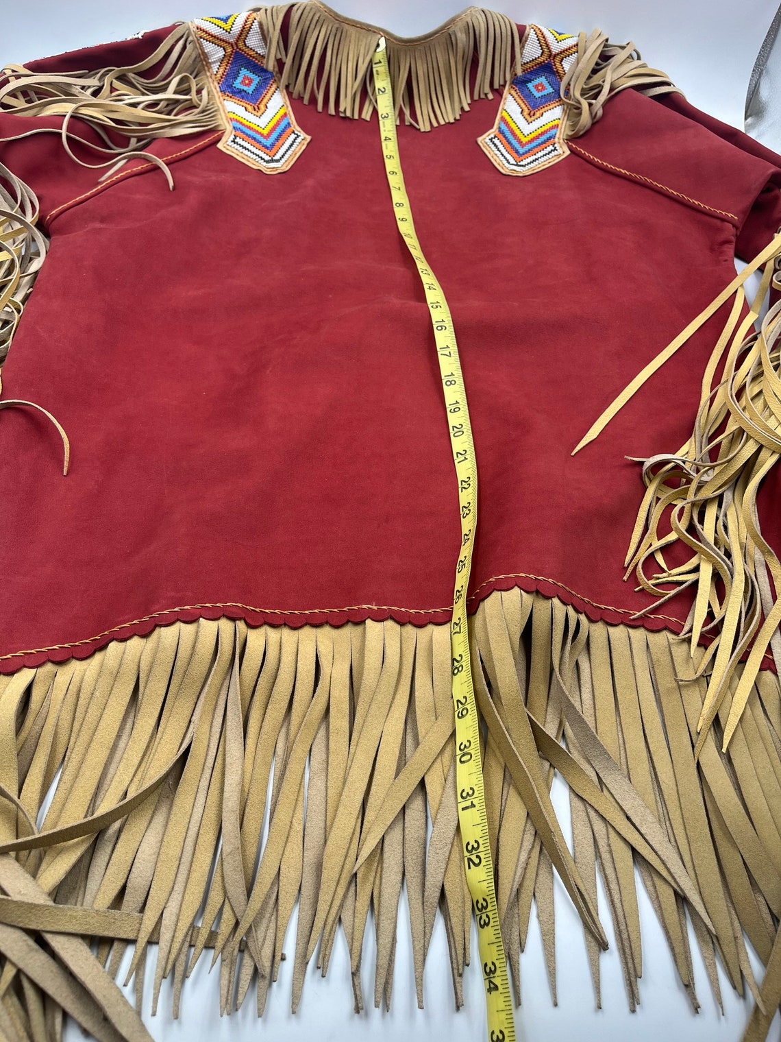 Red Leather Fringe Jacket Size Large, Native American Style Beaded ...