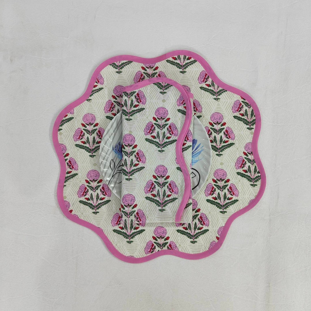 Round Scalloped Botanical Placemat, Block Print Fabric Table Mat Easy ...
