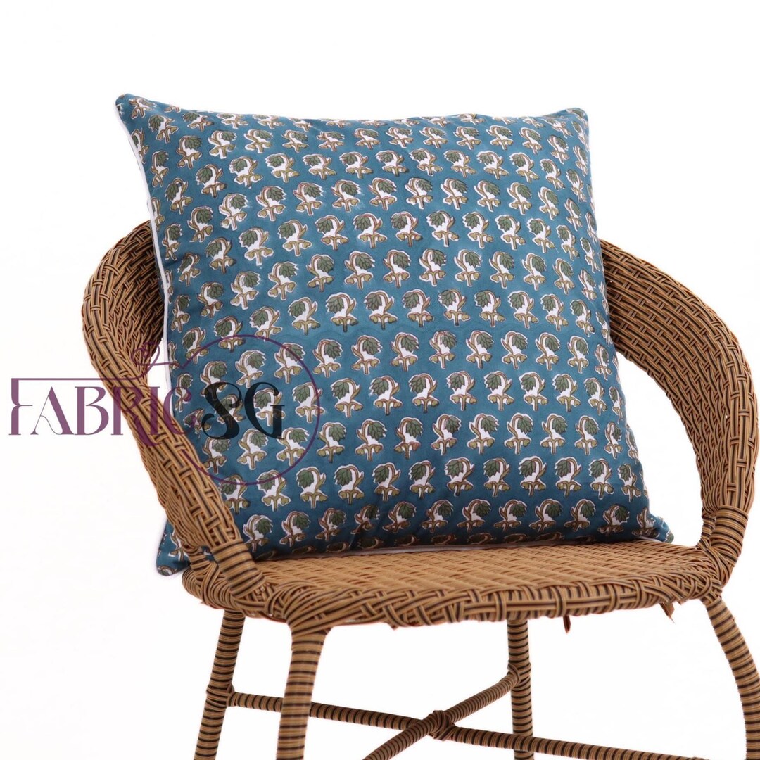 Peacock Blue Floral Cotton Pillow Cover – Hand Block Print Cushion With ...