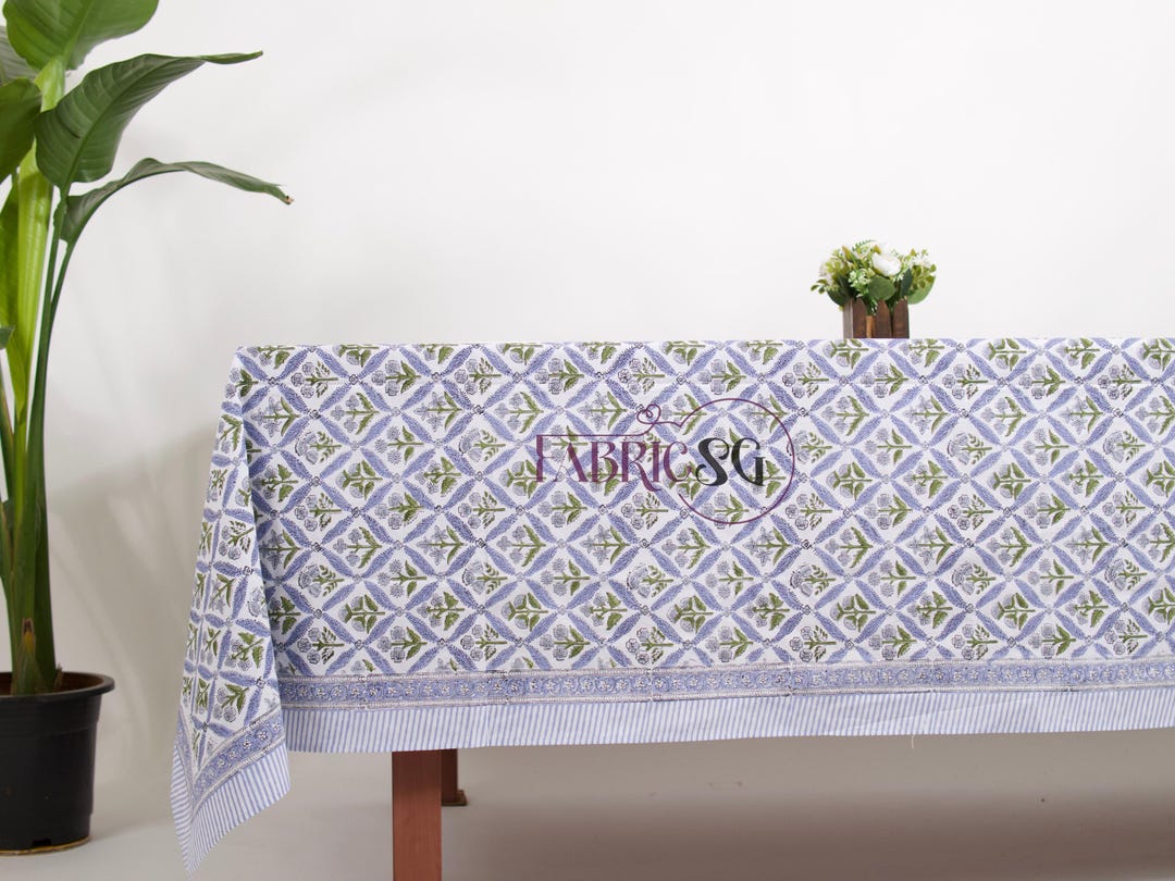 Light Blue Indian Hand-block Printed Cotton Tablecloth With Floral ...
