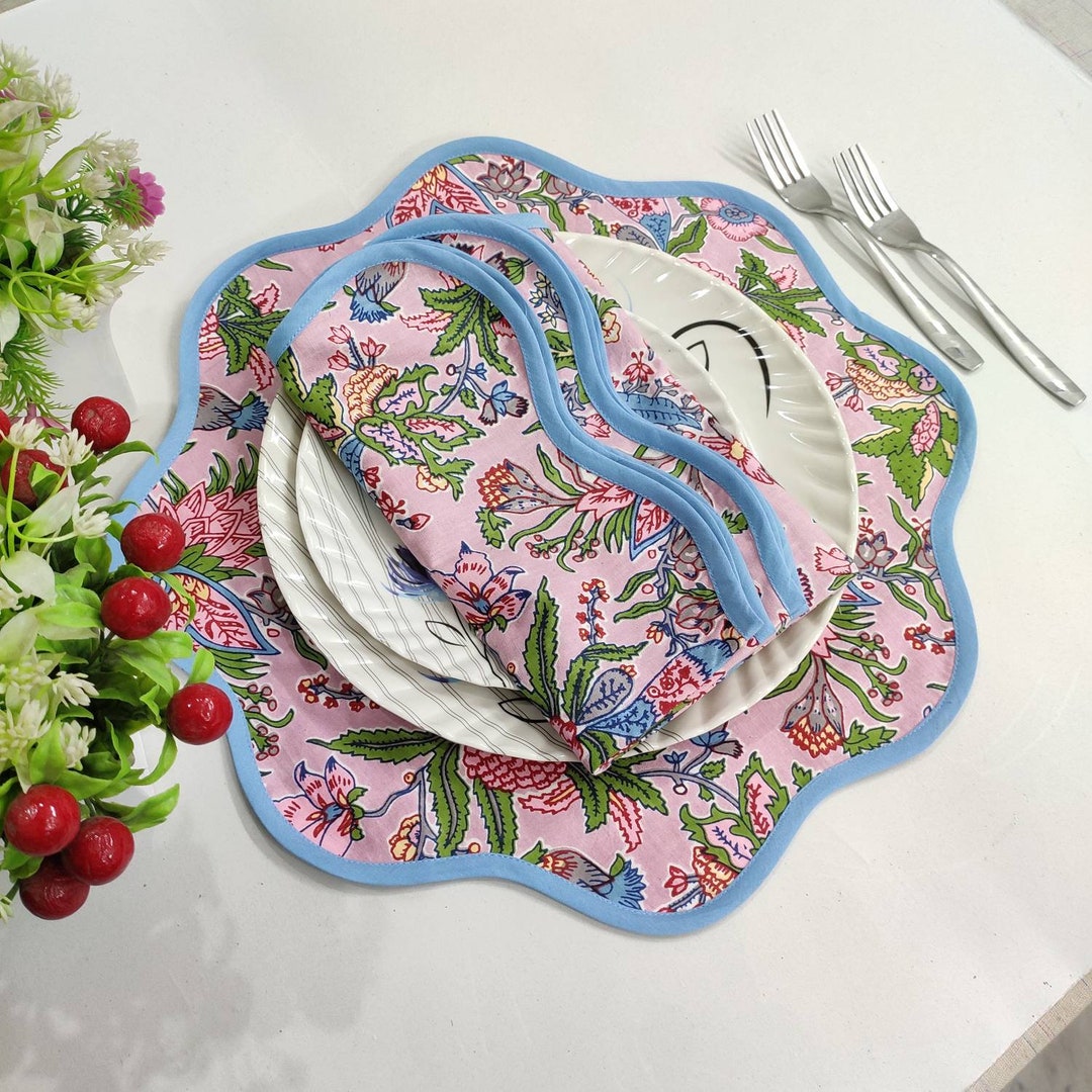 Mat Napkins Baby Pink Flower Linen Placemats , Block Print Fabric Table ...