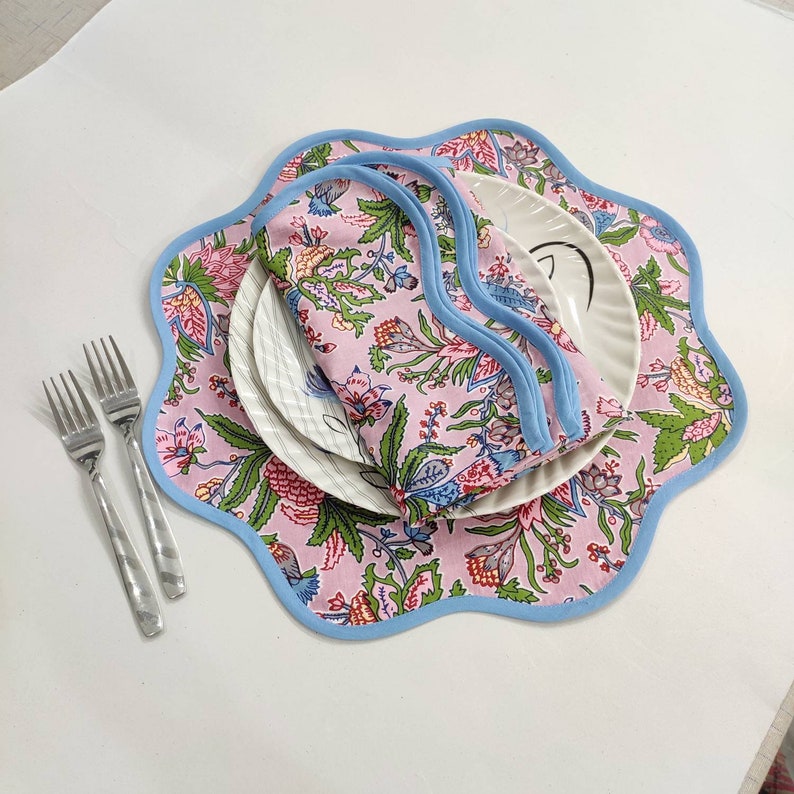 Mat Napkins Baby Pink Flower Linen Placemats Block Print - Etsy