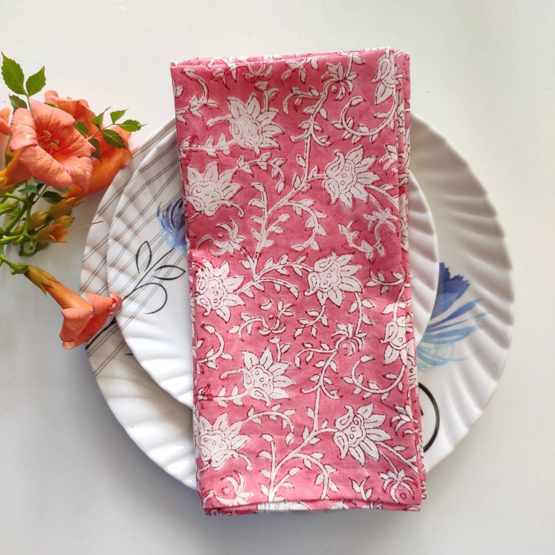 Indian block printed Pink floral napkins Indian Napkins | Etsy