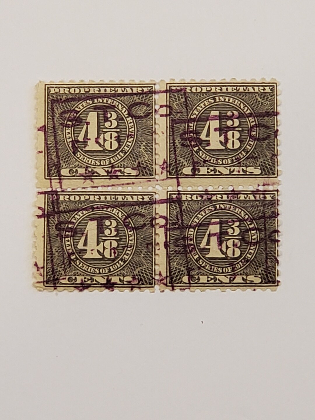1914 Proprietary Stamps U.S. Revenue Stamp 4 3/8 Scott RB59 Block of 4 ...