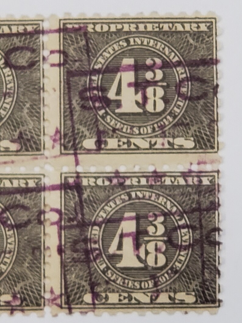 1914 Proprietary Stamps U.S. Revenue Stamp 4 3/8 Scott RB59 Block of 4 ...