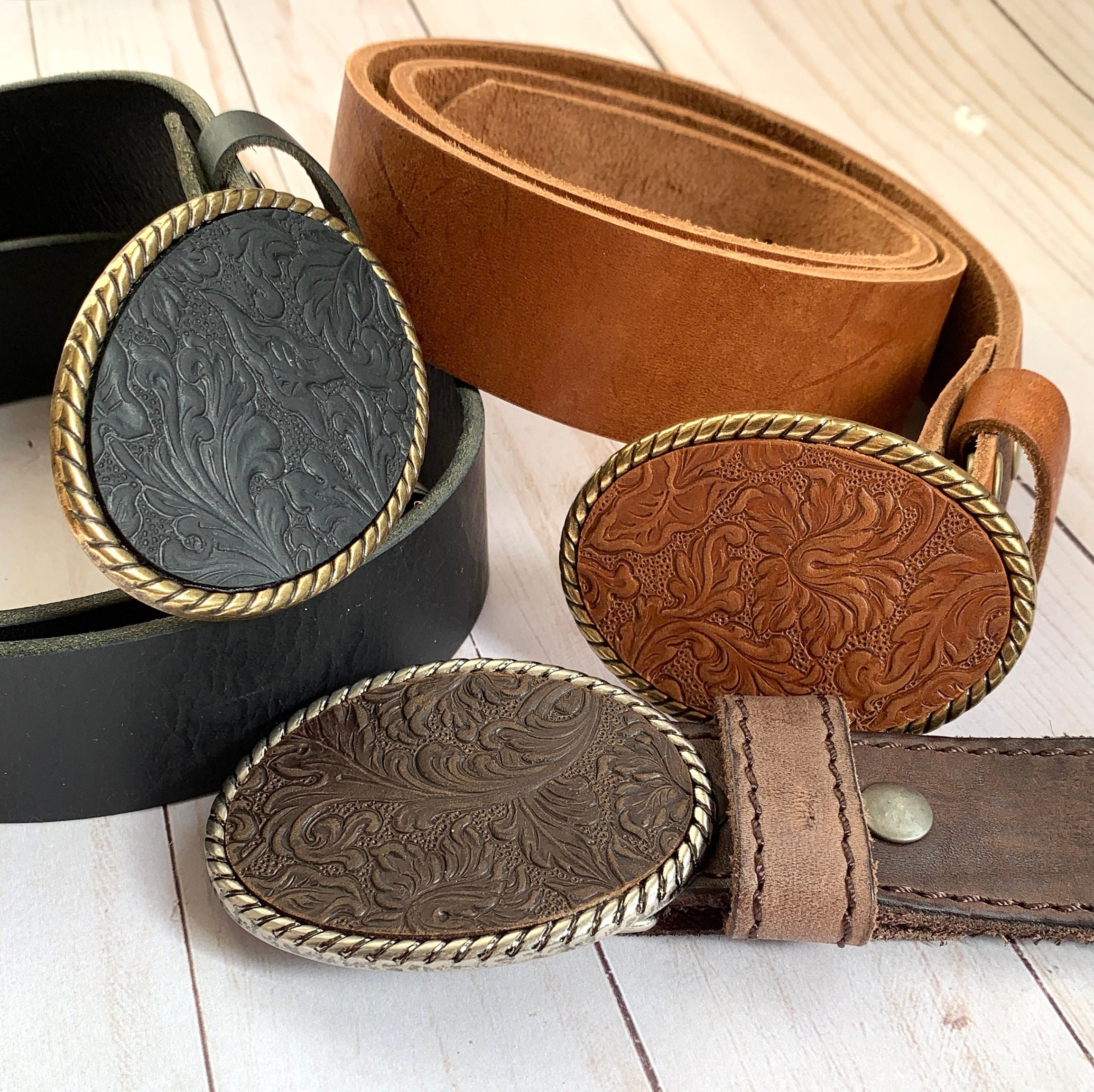 Embossed Leather Belt Buckle in Dark Brown Genuine Leather - Etsy