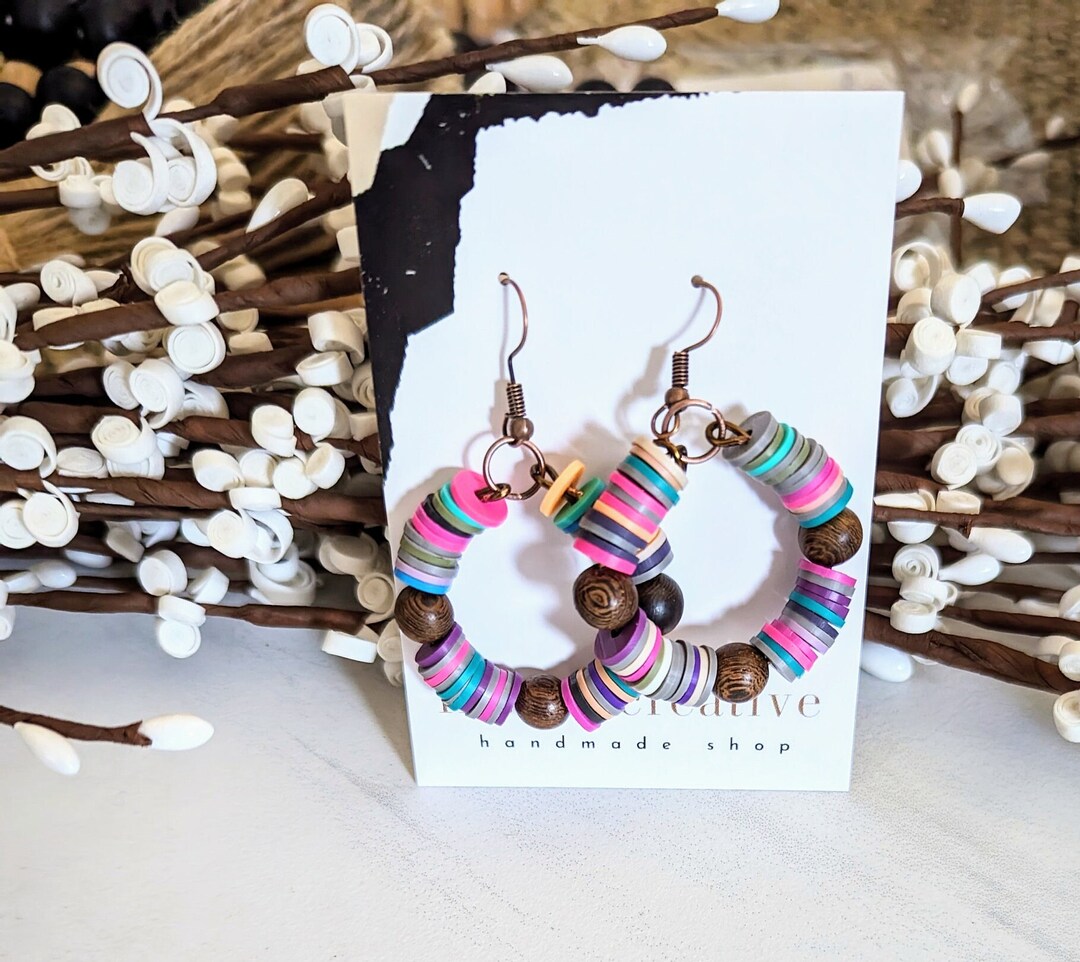 Small Wood and Earthtone Heishi Hoop Earrings/ Earth Tone Earrings ...