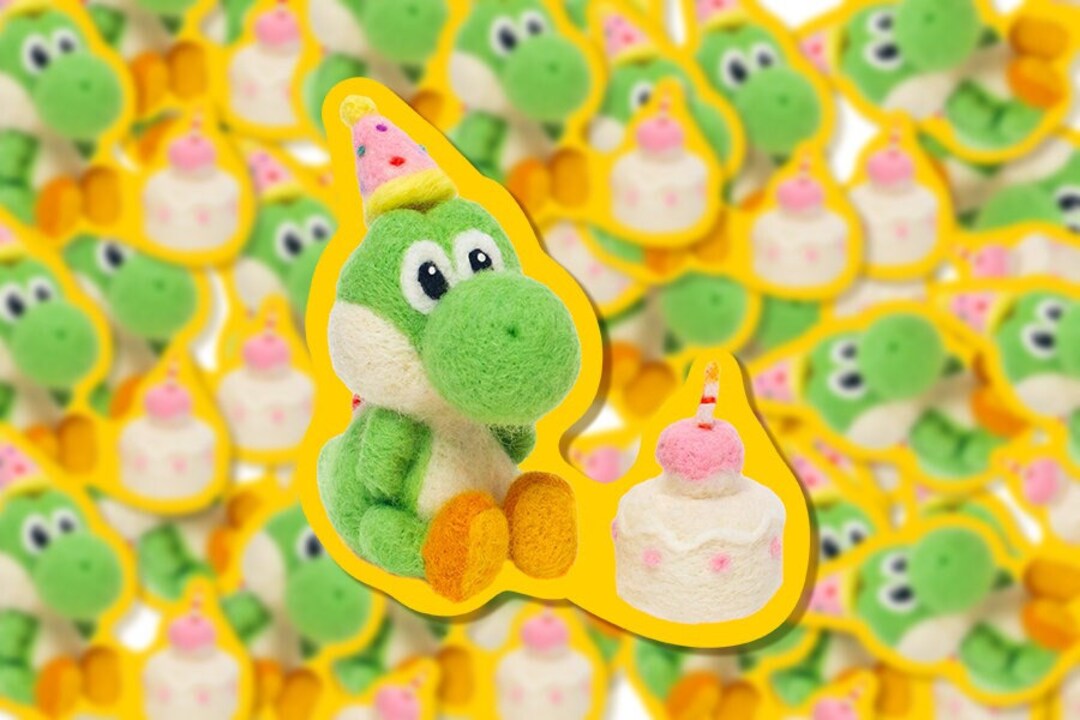 Yoshi Birthday Sticker Handmade Green Dinosore, Cake, Party Hat, Wool ...