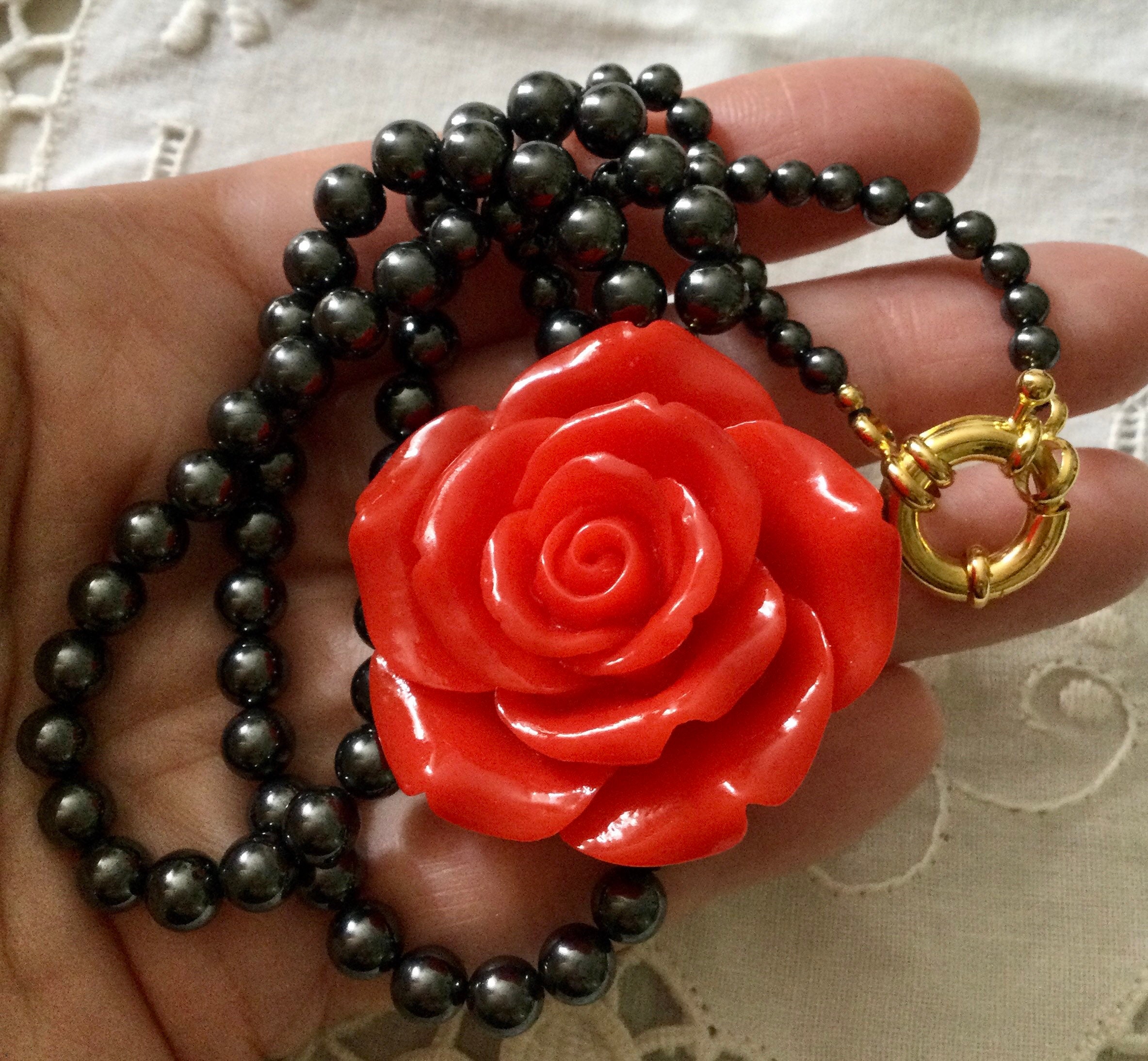 HUGE CARVED BAKELITE Hematite Gold Plated Vintage Necklace | Etsy