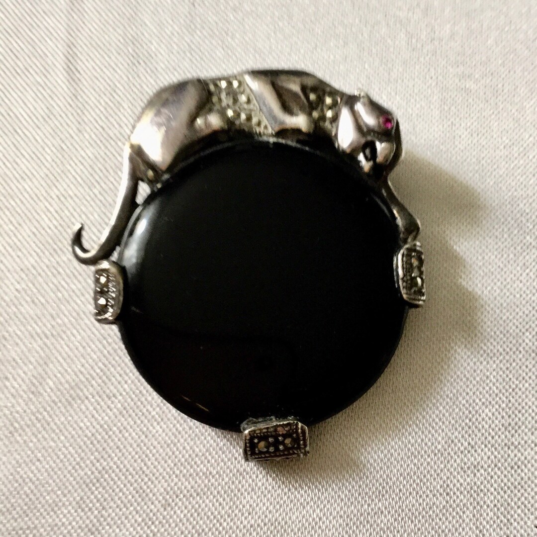 ART DECO PANTHERE Onyx Genuine Marcasite Sterling Vintage Brooch ...
