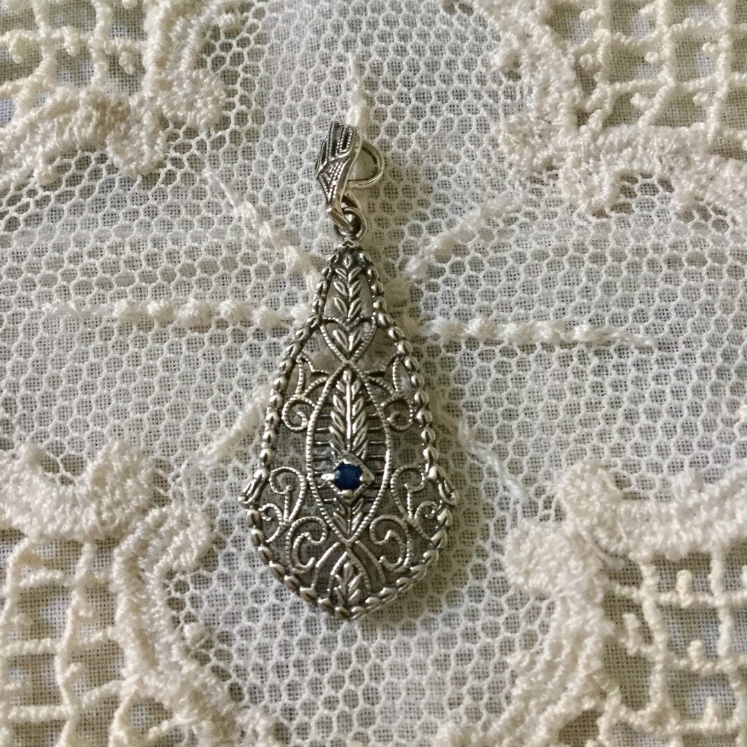 Victorian GENUINE SAPPHIRE Sterling Vintage Pendant- Very Nice Carved ...