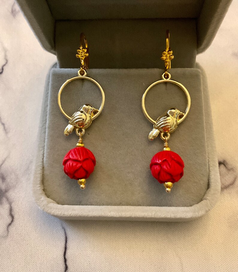 BIRD CARVED CINNABAR Long Vintage Earrings- Cinnabar Style- Haute ...
