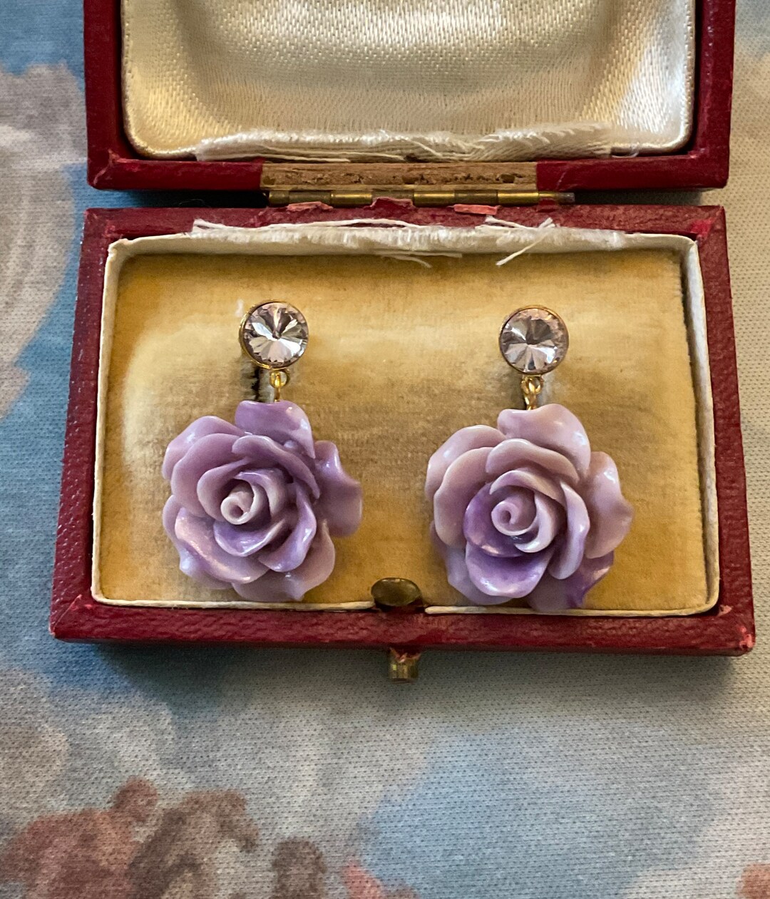 PINK BAKELITE Carved Gold Plated Luxury Art Deco Earrings Pink Sparkly ...
