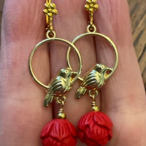 BIRD CARVED CINNABAR Long Vintage Earrings- Cinnabar Style- Haute ...