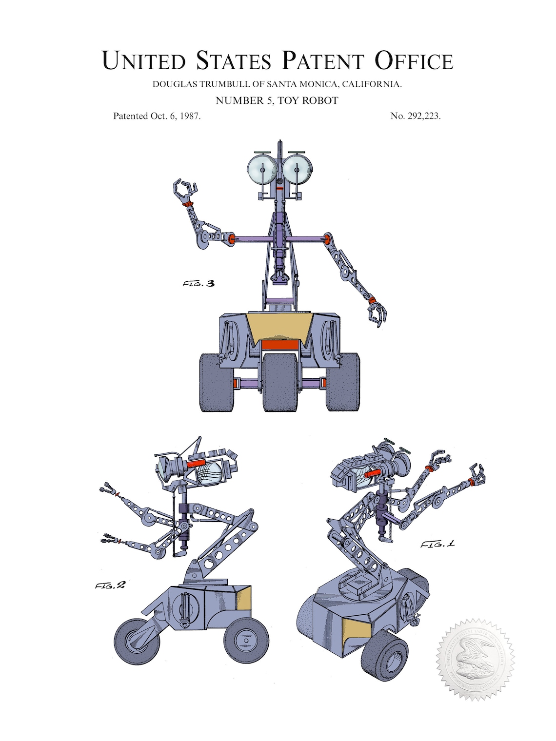 Johnny 5 Robot Patent Print digitally Colored Johnny Number | Etsy