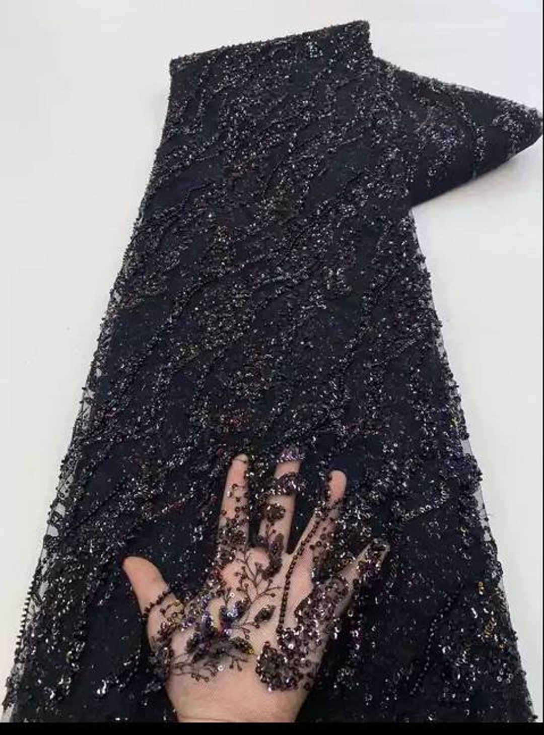 Black Lace Beaded Lace Fabric Luxury Bridal French Net Tulle Embroidery ...