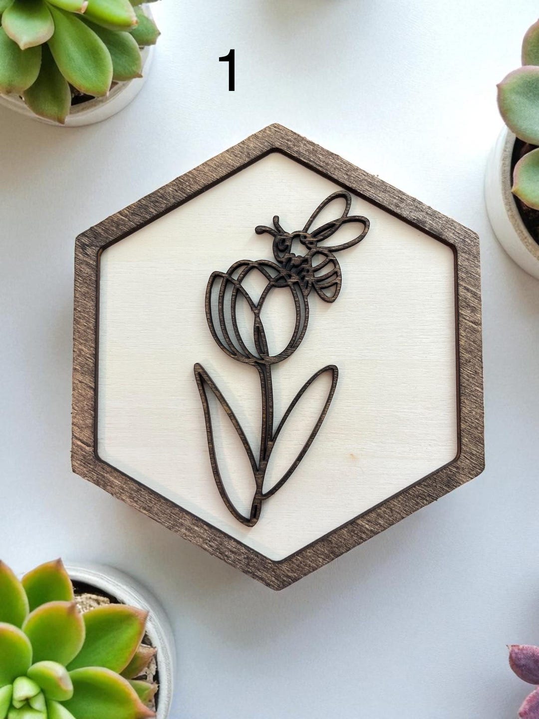 Bee Floral Wood Discs | 4" Round Double Layer | Dark & Natural Stain ...