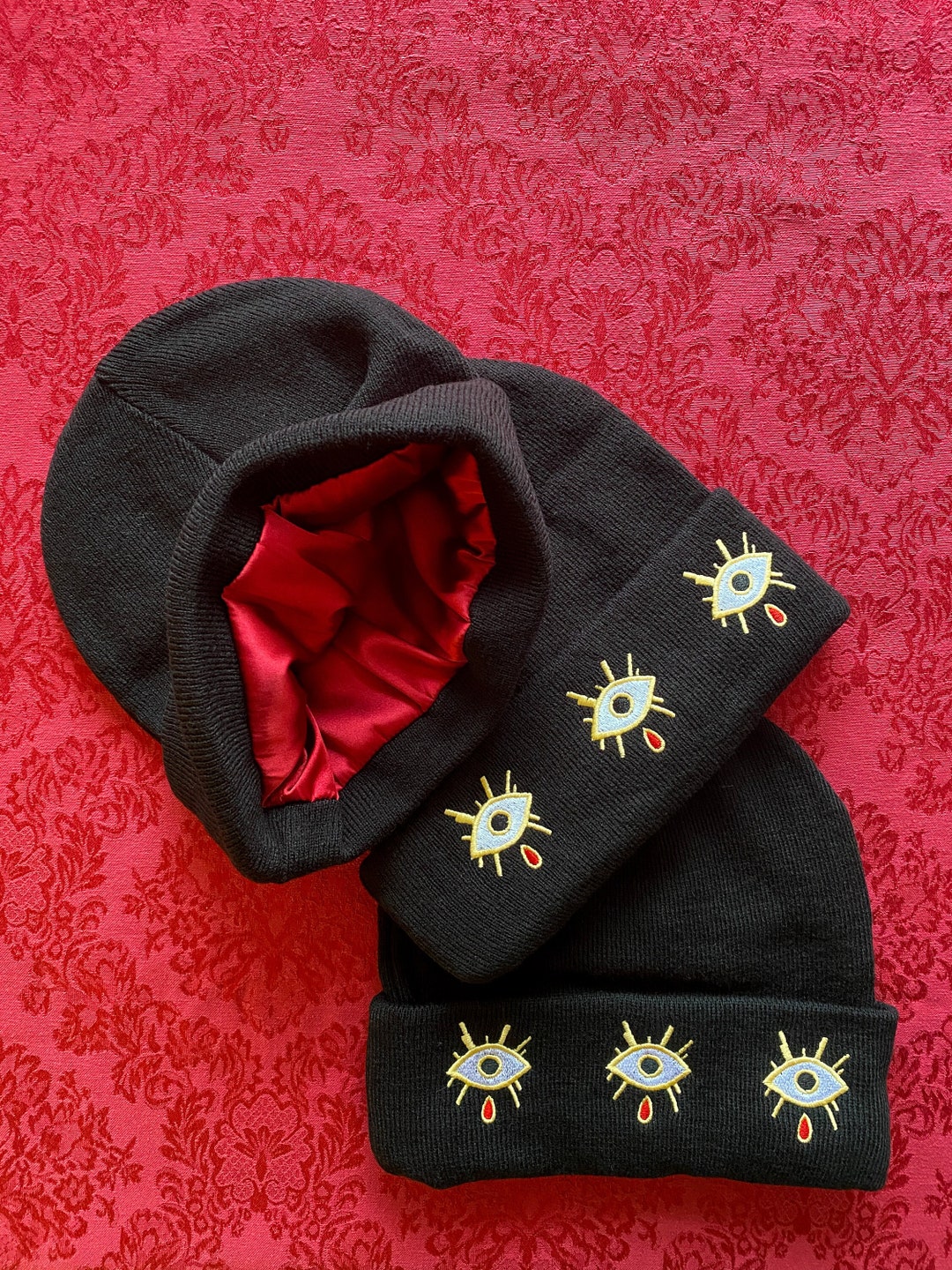 BLACK Angel Eyes - 360 Embroidered Beanie With Red Satin Lining - Etsy