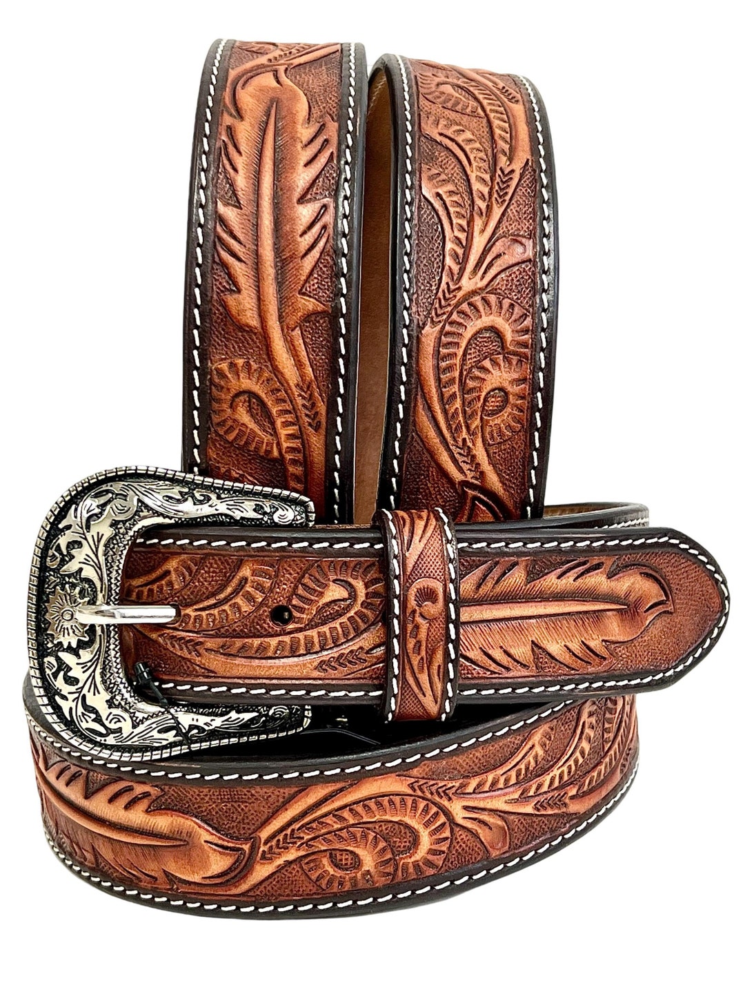 Personalized Hand Tooled Leather Western Belt: Floral Design, Removable ...