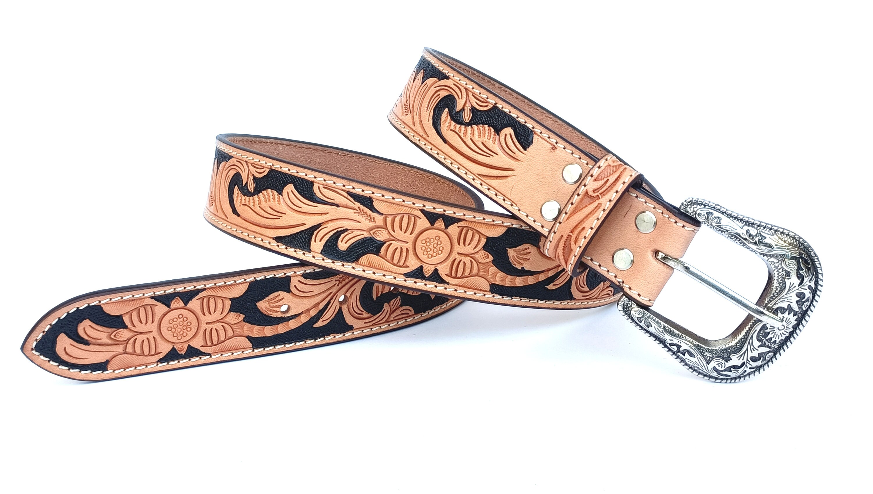 Personalized Hand Tooled Leather Western Belt: Floral Design, Removable ...