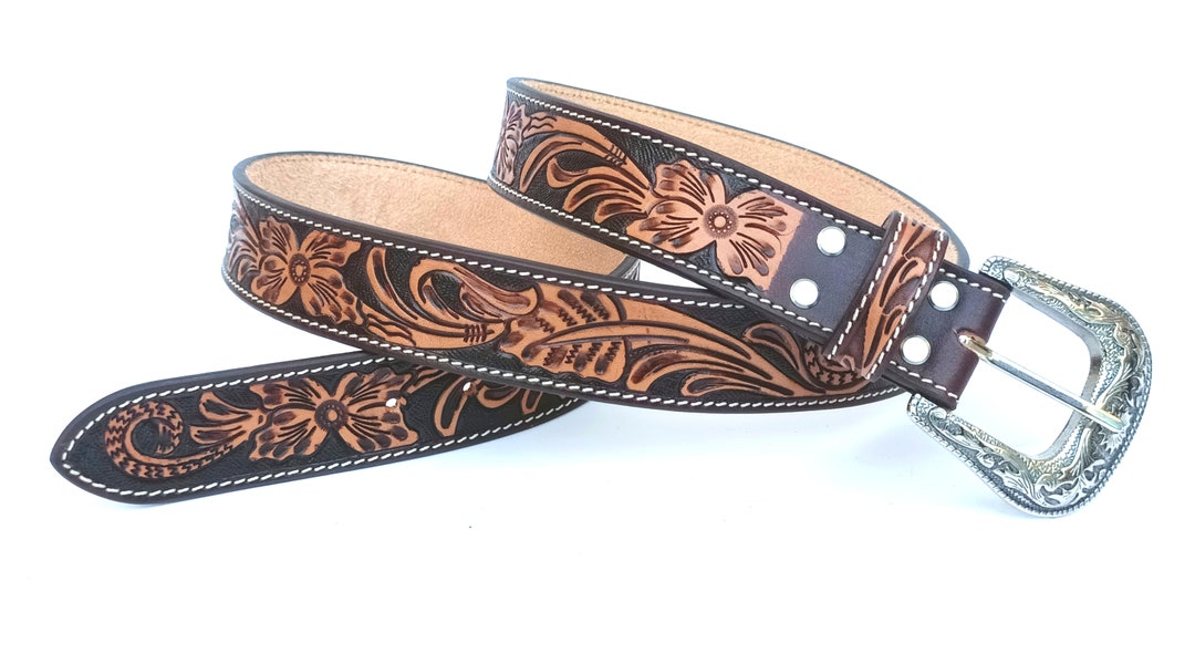 Personalized Hand Tooled Leather Western Belt: Floral Design, Removable ...
