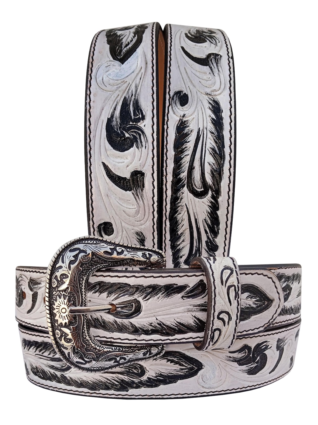 Personalized Hand Tooled Leather Western Belt: Floral Design, Removable ...