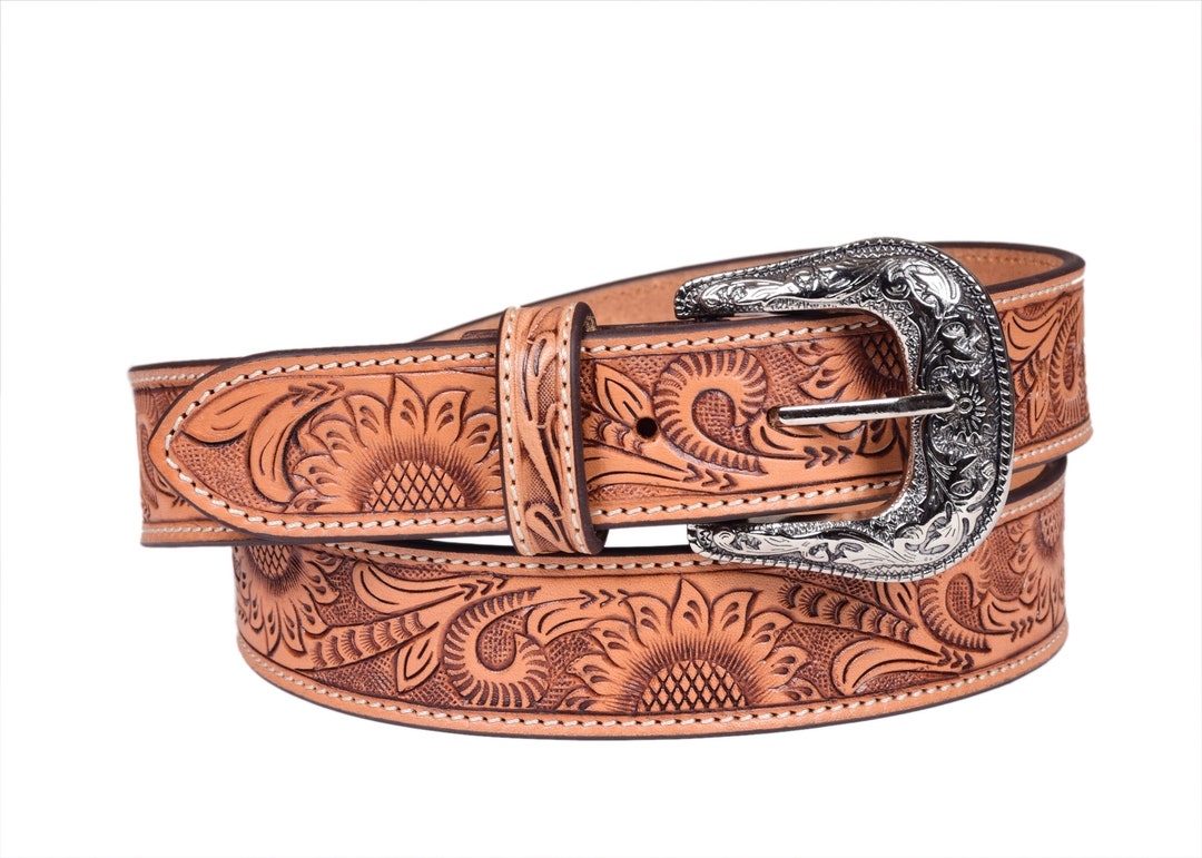 Personalized Hand Tooled Leather Western Belt: Sunflower Floral Design ...