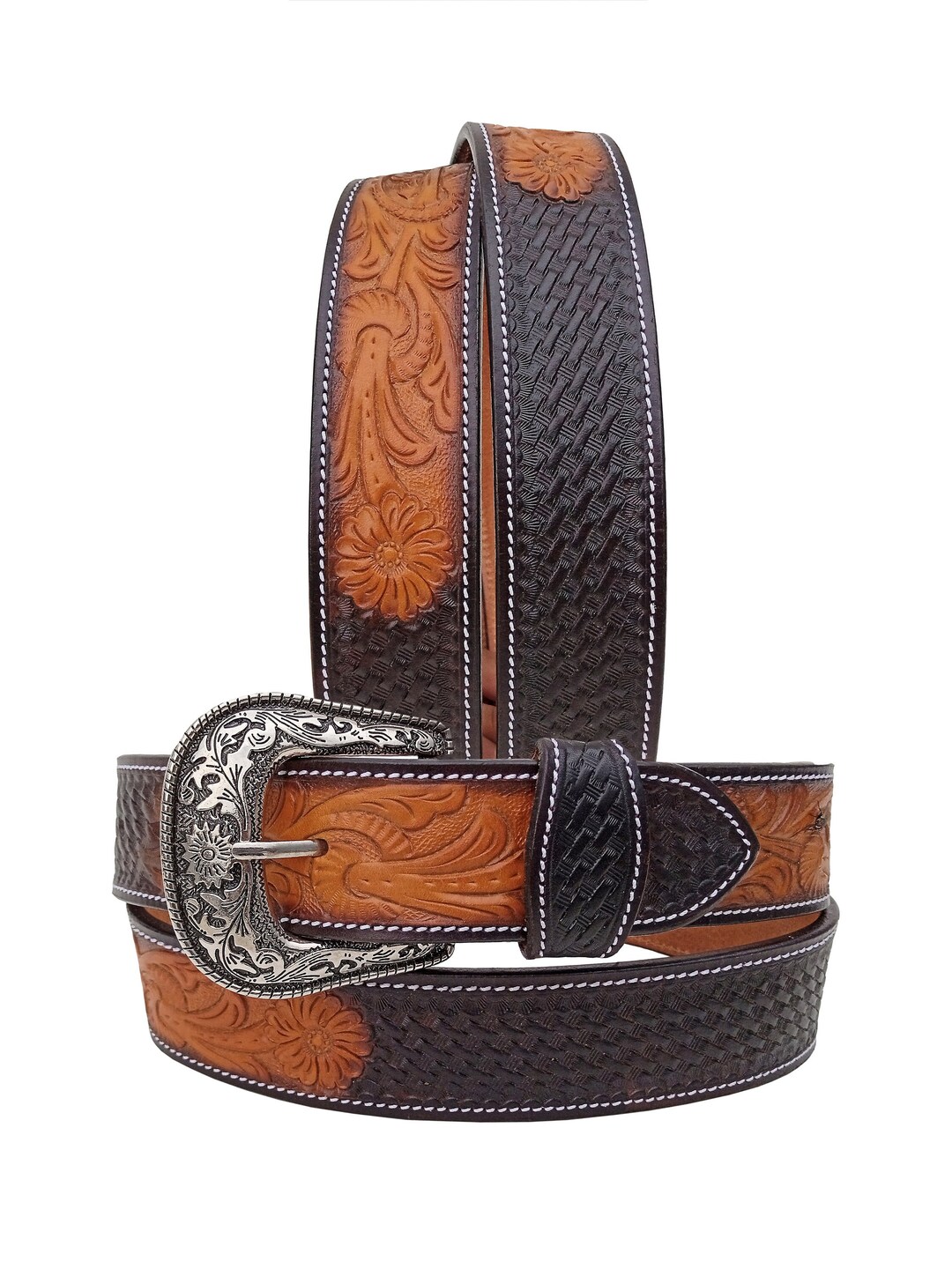 Hand Tooled Leather Western Belt: Floral Basket Weave, Removable Buckle ...