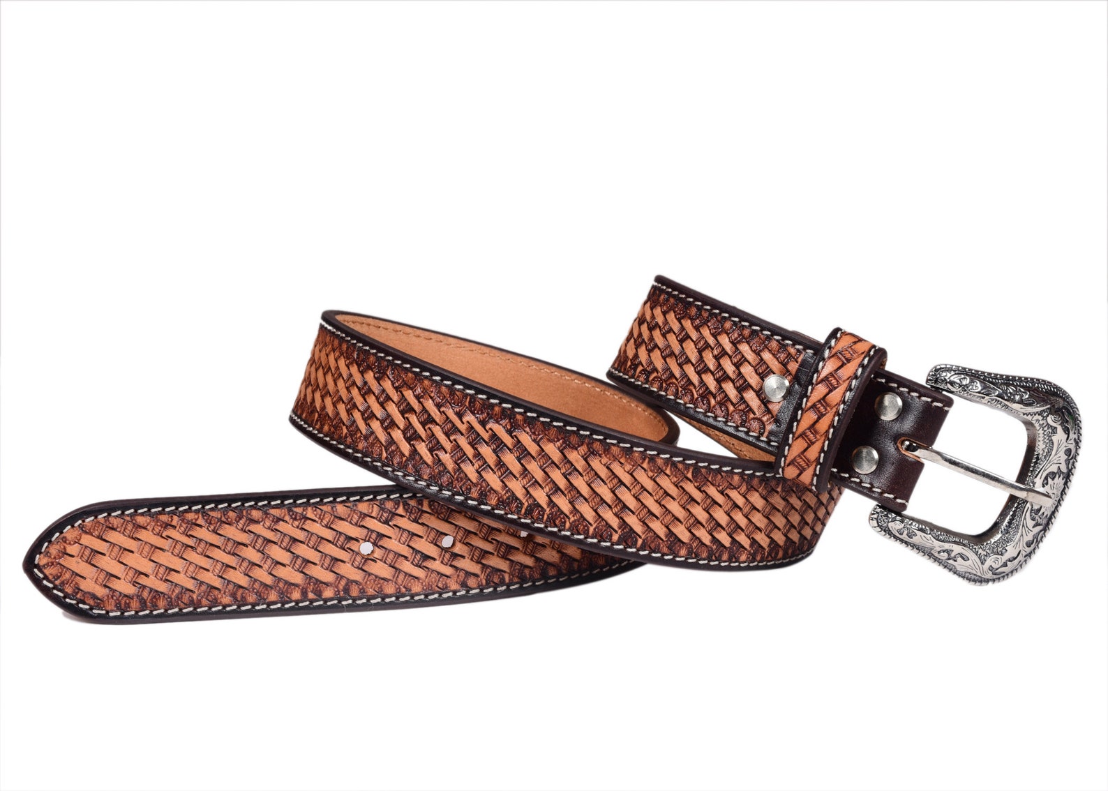Personalized Leather Western Belt: Hand Tooled Basket Weave, Removable ...