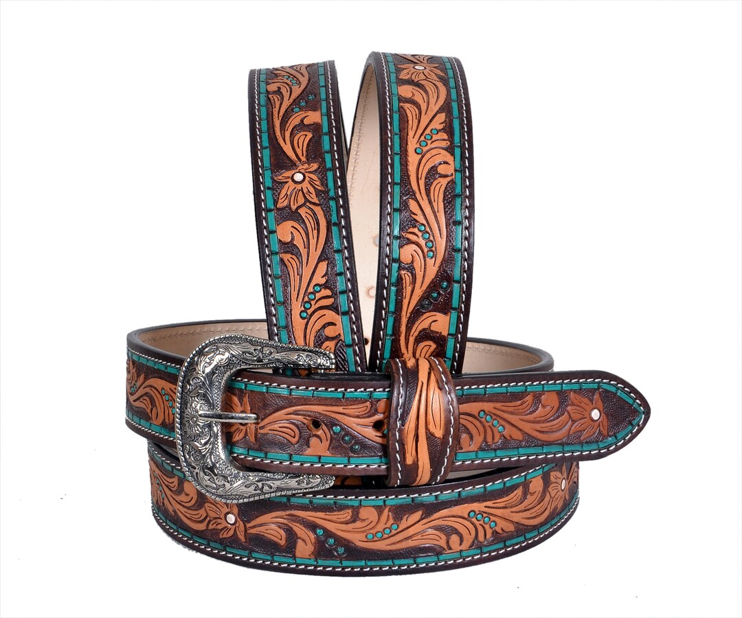 Handmade Leather Western Belt: Floral Tooled, Removable Buckle ...