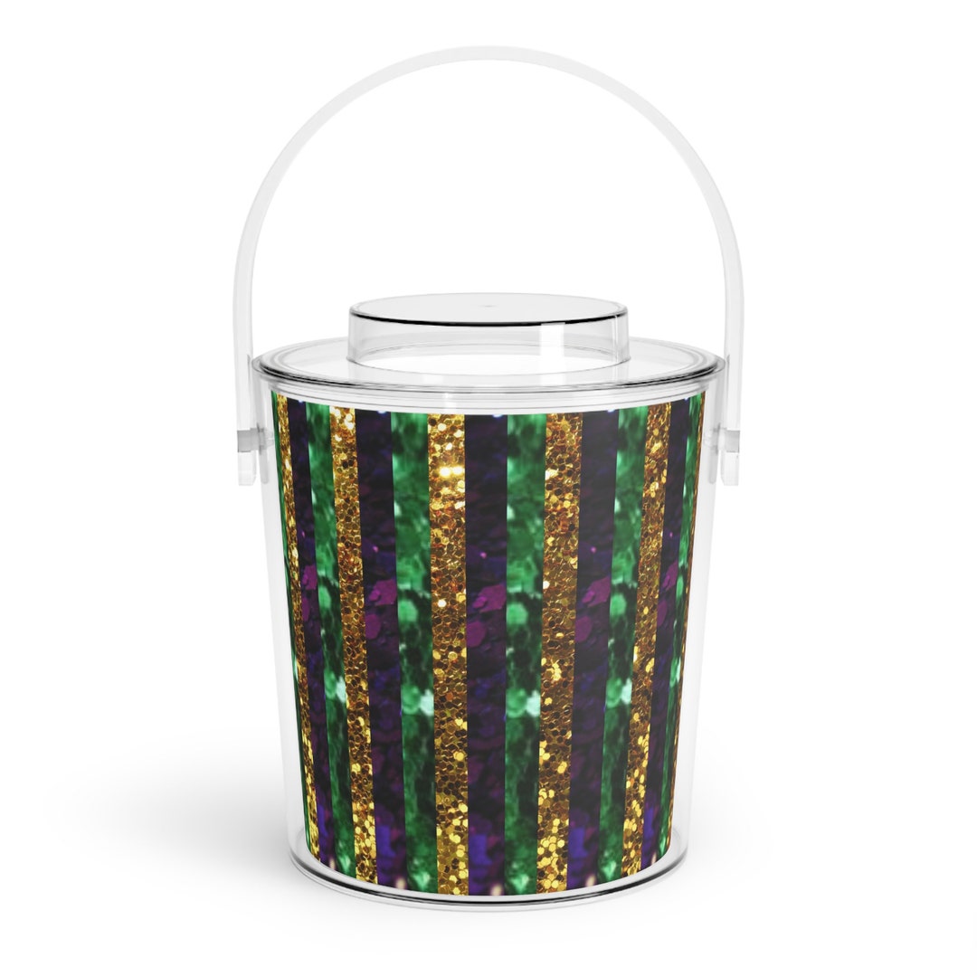 Gold Purple Green Glitter Mardi Gras Ice Bucket With Tongs (no Real ...