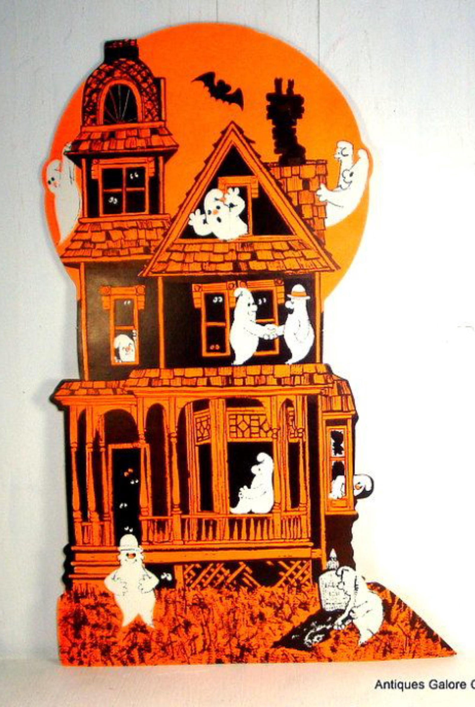 Vintage Halloween Orange Haunted House With Ghosts Laminated Cut Out ...