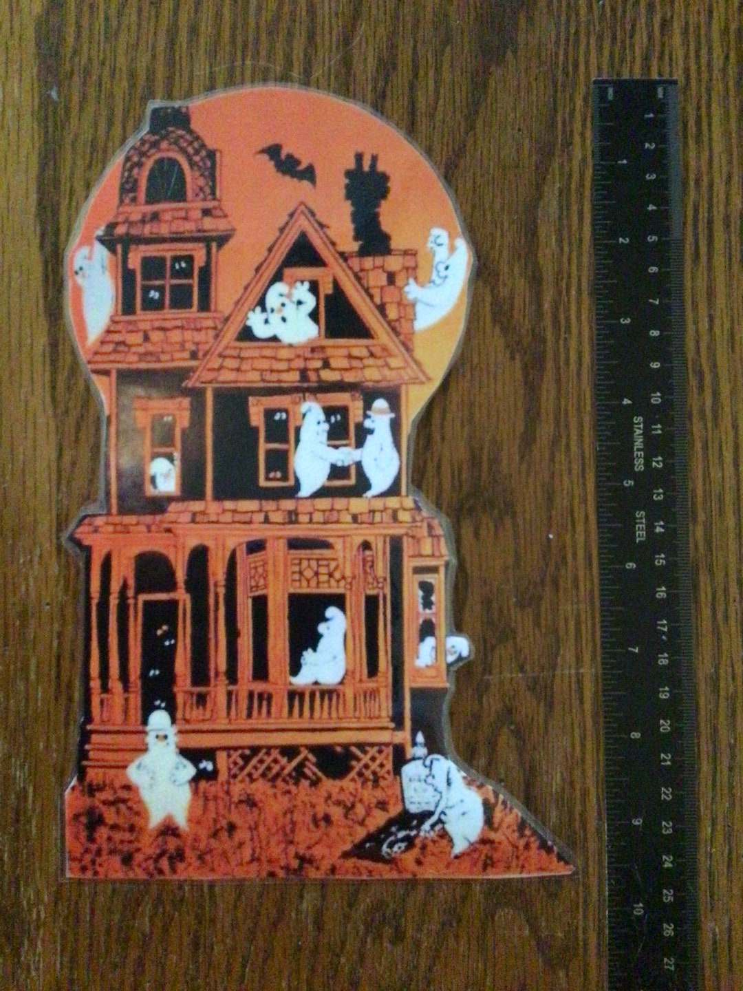 Vintage Halloween Orange Haunted House With Ghosts Laminated Cut Out ...