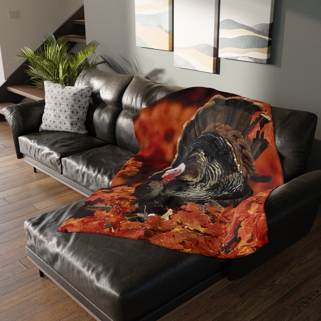 Native American and Wild Turkey and Red Leaves Velveteen Minky Blanket ...