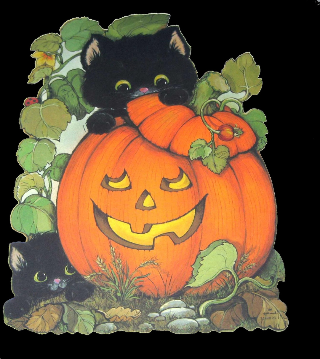 Vintage Cute Black Cat With Pumpkin Halloween Cut Out Decoration (when ...