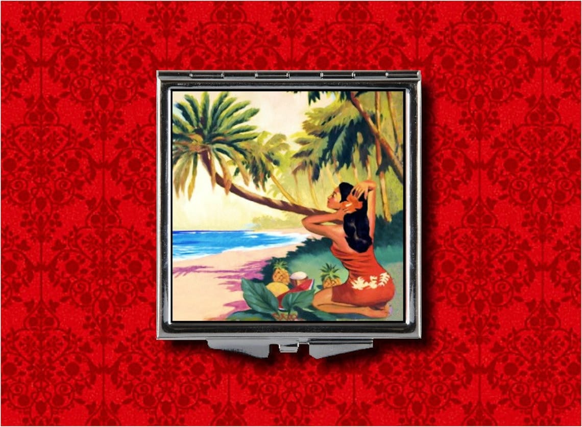 Hula Pin up Girl Sunset Beach Hawaii Palm Vintage Metal Makeup - Etsy