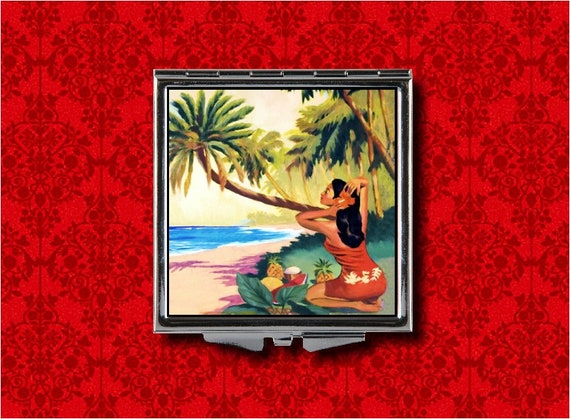 Hula Pin up Girl Sunset Beach Hawaii Palm Vintage Metal Makeup | Etsy