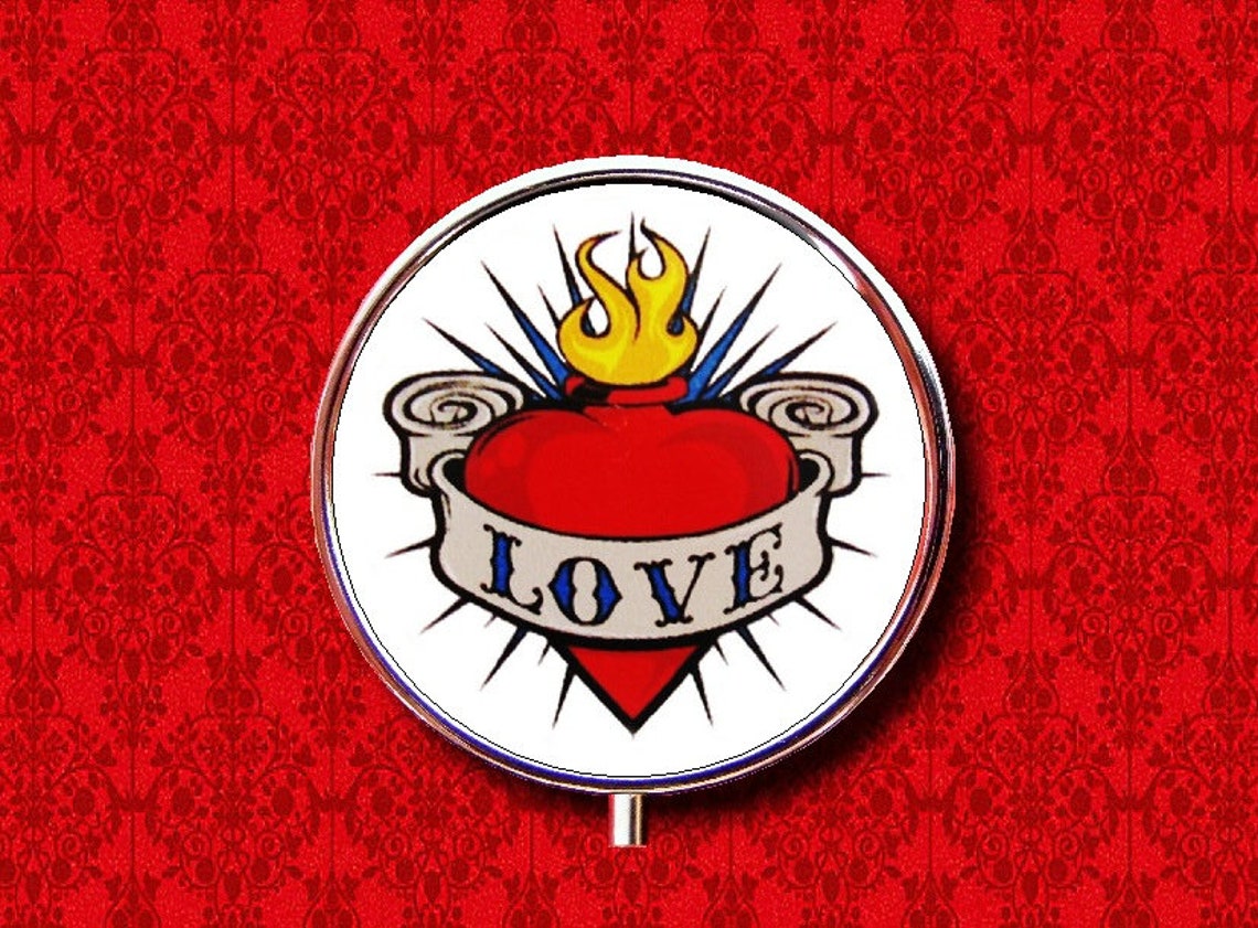 Sacred Heart Love Tattoo Flash Ring Trinket Stash Medicine Vitamins Gum ...