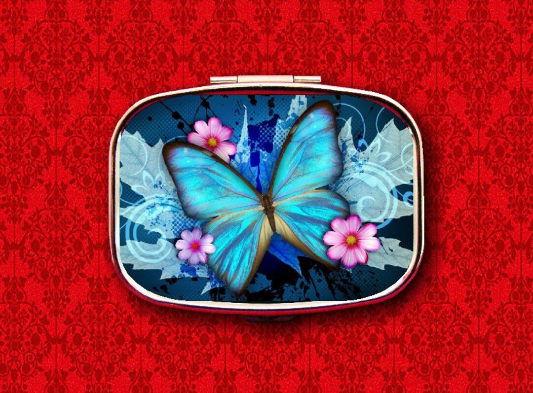 Blue Butterfly Pink Flowers Butterflies Ring Trinket Stash Medicine ...