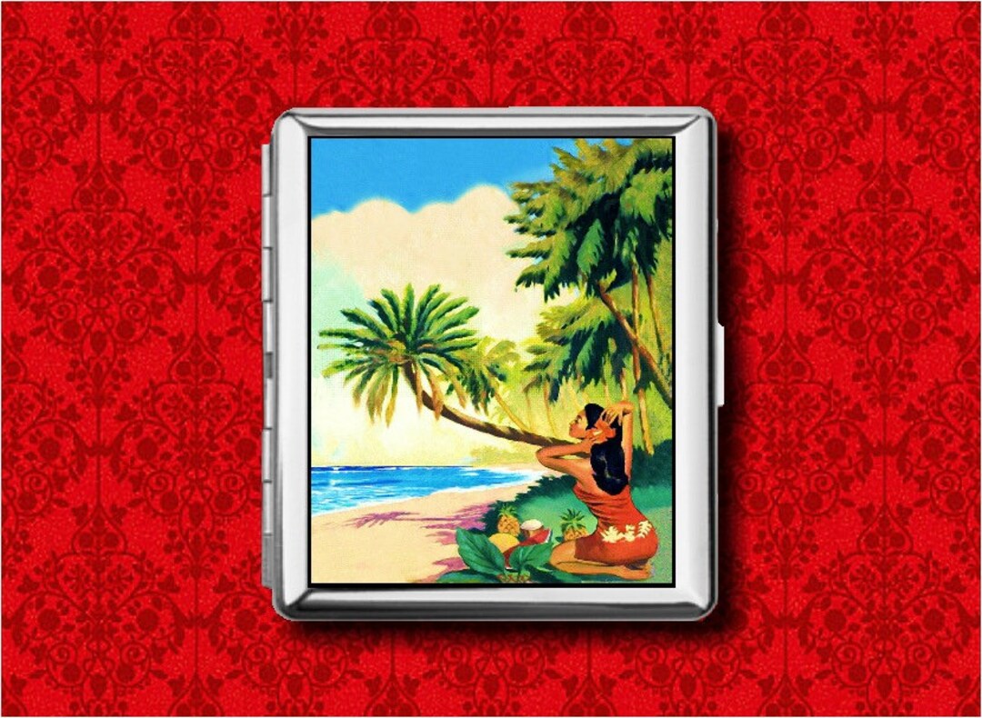 Hula Pin up Girl Sunset Beach Hawaii Palm Vintage Metal Wallet Stash ...