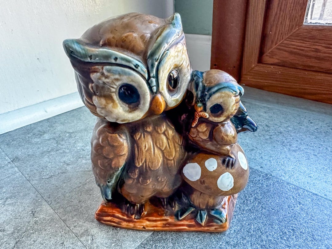 Vintage MCM Owl Mom and Baby Mushroom Woodland Creatures Animal Planter ...