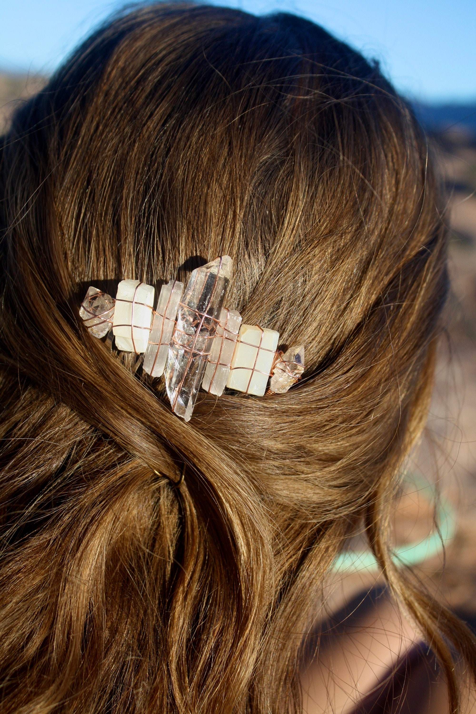 Peine de pelo de cristal de piedra lunar de cuarzo y selenita | Etsy