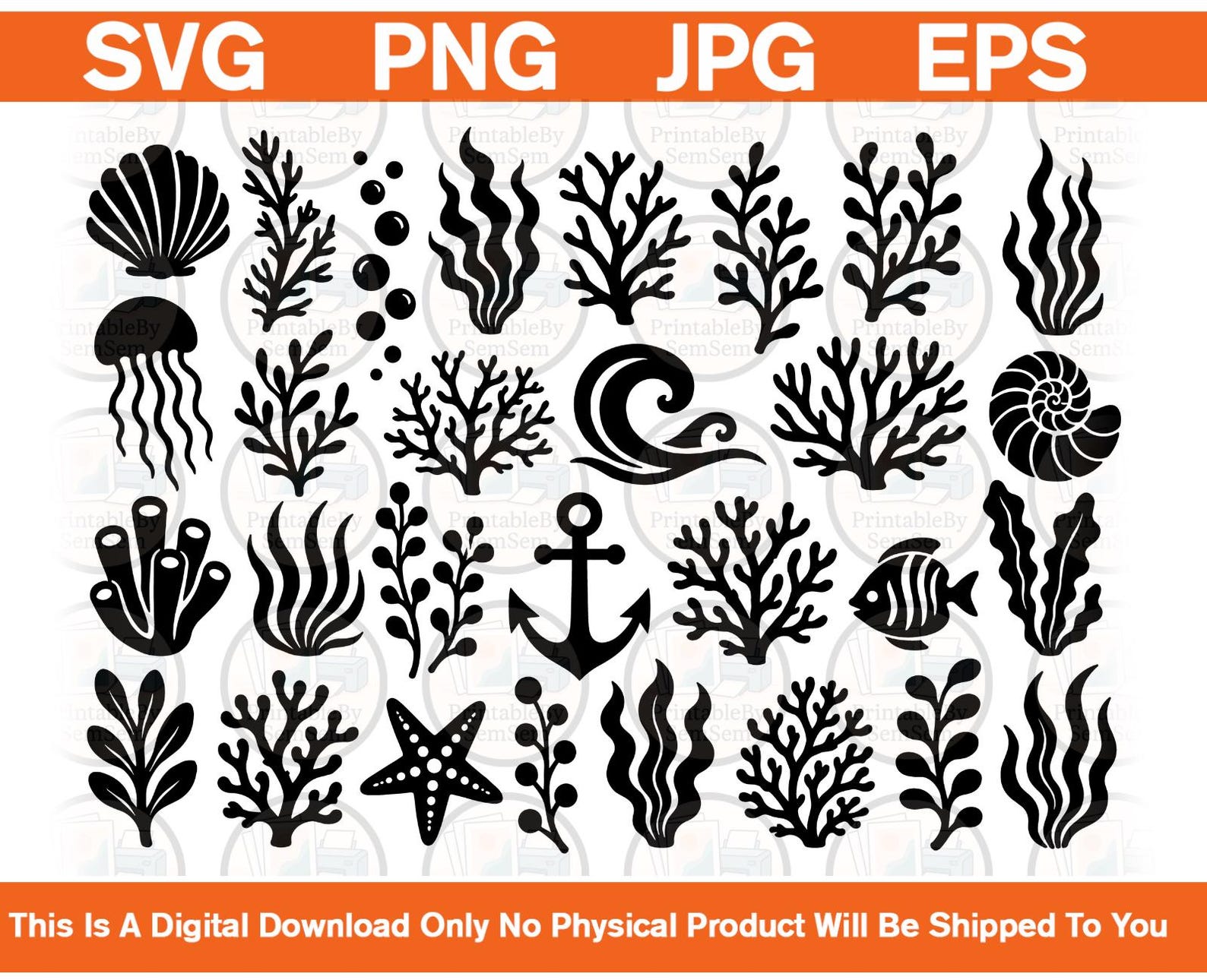 Ocean Elements Silhouettes Bundle | Nautical Beach Coastal SVG (digital ...