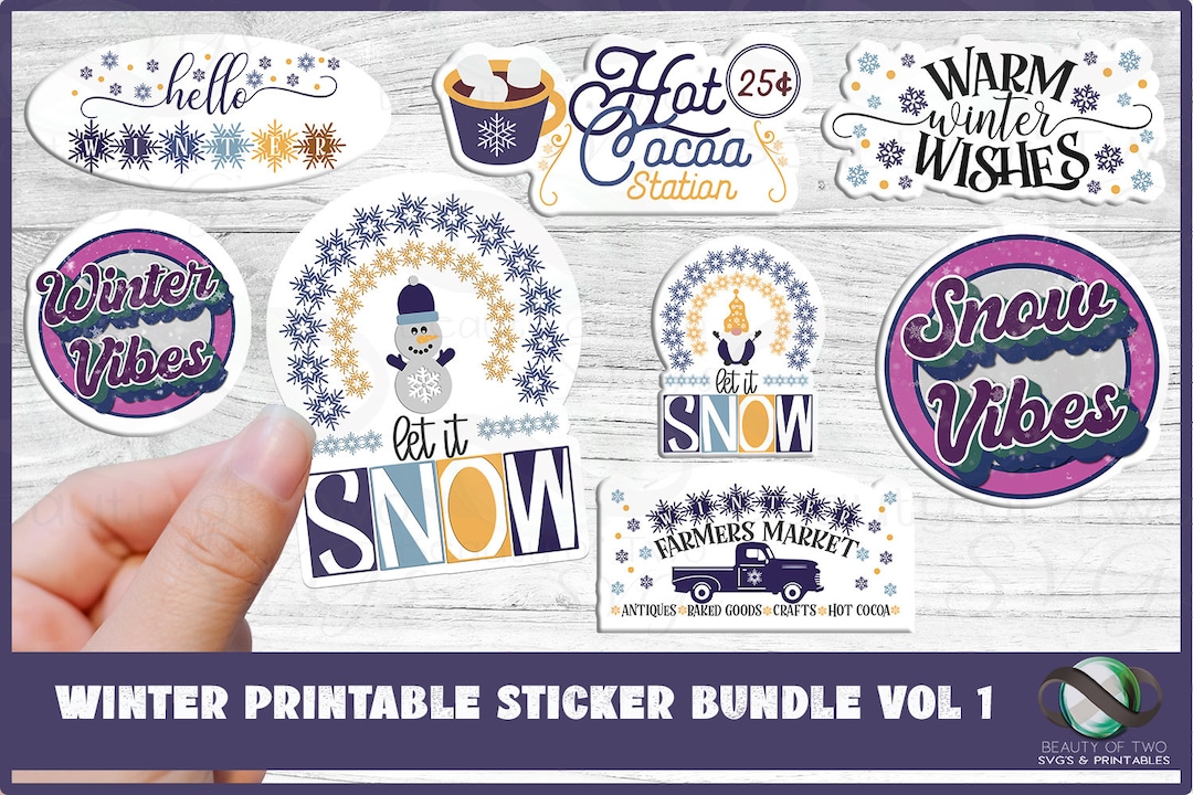 Winter Printable Retro Sticker Bundle, 8 Print and Cut Winter Snowman ...