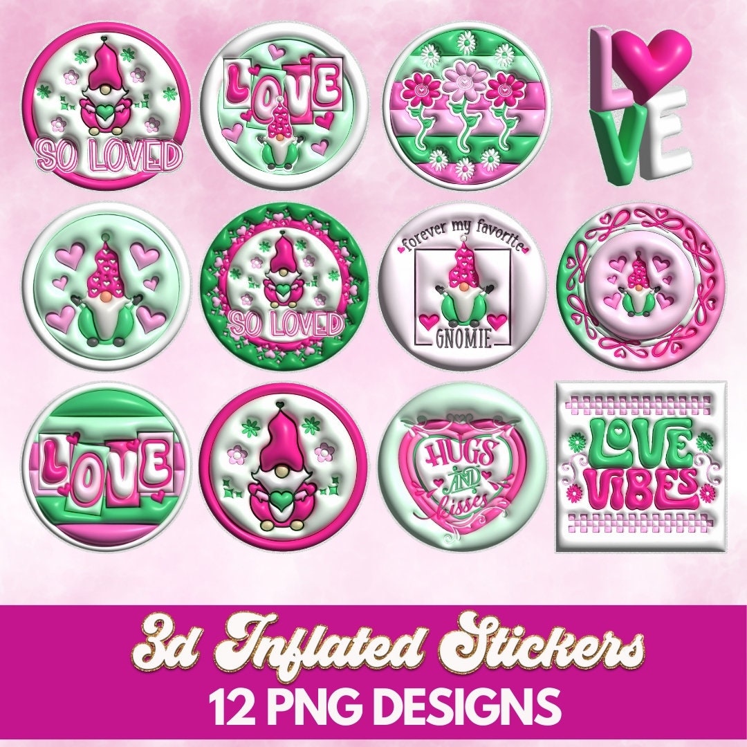 Printable Stickers, Valentine Gnome Sticker Bundle, 3D 12 Print and Cut ...