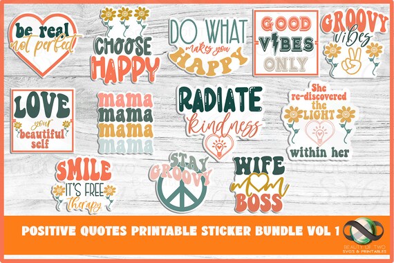Positive Quotes Printable Retro Sticker Bundle 12 Print and - Etsy