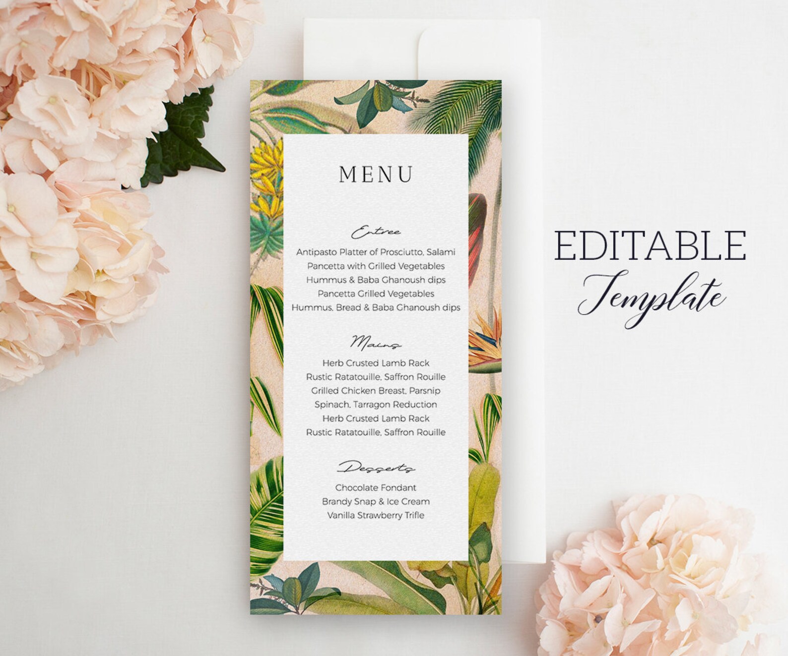 Tropical Menu TEMPLATE, Botanical Wedding Menu PRINTABLE, Designer Menu ...