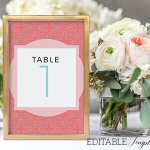 Pink Black Table Number TEMPLATE, Art Deco Wedding Table Decor EDITABLE ...