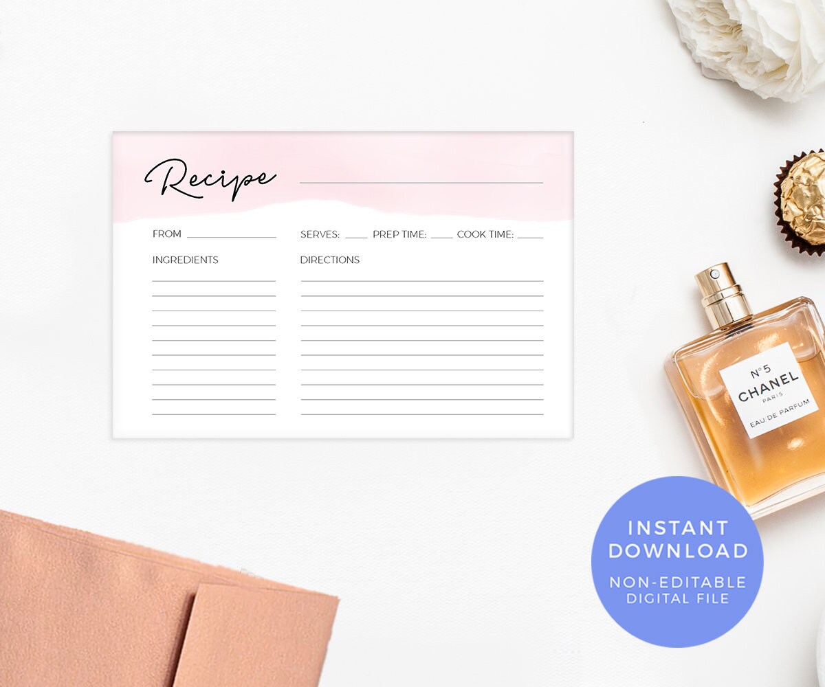 Watercolour Pink Recipe Card PRINTABLE. Blush Kitchen Tea Recipe Card ...