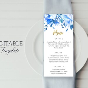 Blue Floral Menu EDITABLE Template, Gold Blue Menu Card PRINTABLE, Hens ...